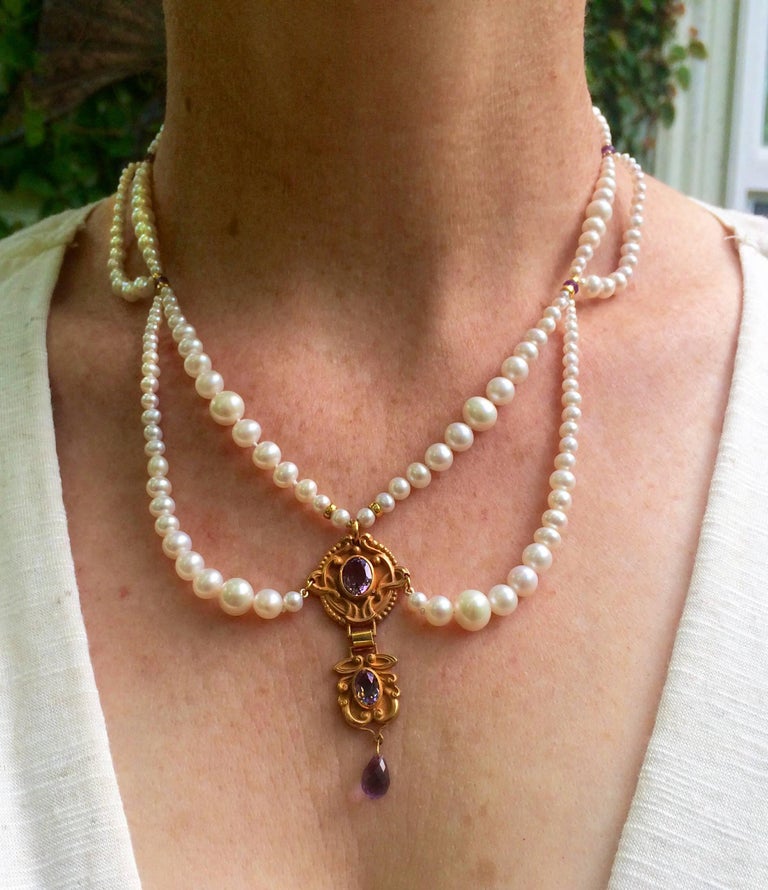 Marina J Graduated Pearl Necklace with Vintage Amethyst Double Pendant ...