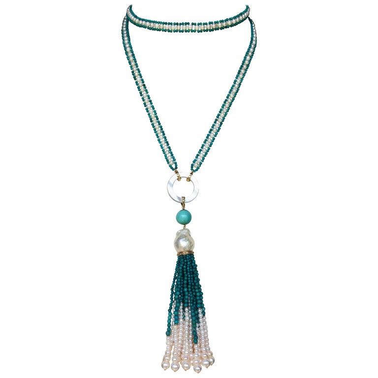 Turquoise White Pearl Tassel Sautoir with Mother of Pearl and 14 Karat ...