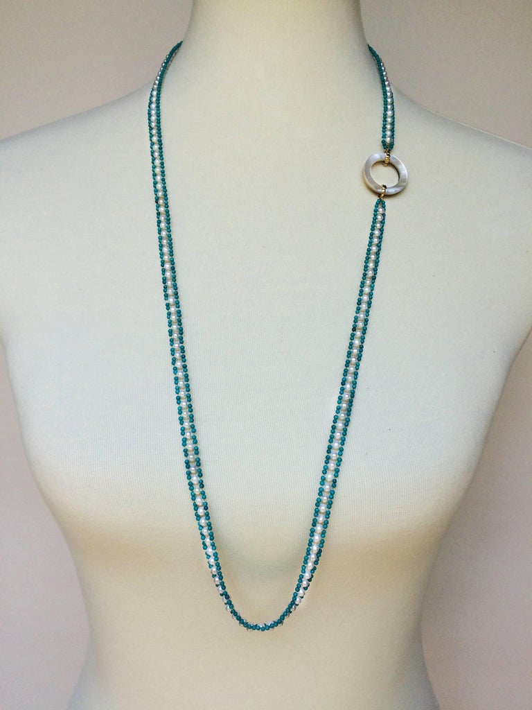 Turquoise White Pearl Tassel Sautoir with Mother of Pearl and 14 Karat ...