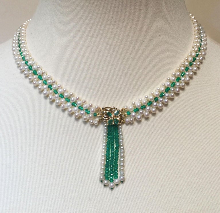 Woven Pearl Emerald And 14 K Yellow Gold Beaded Necklace With Front