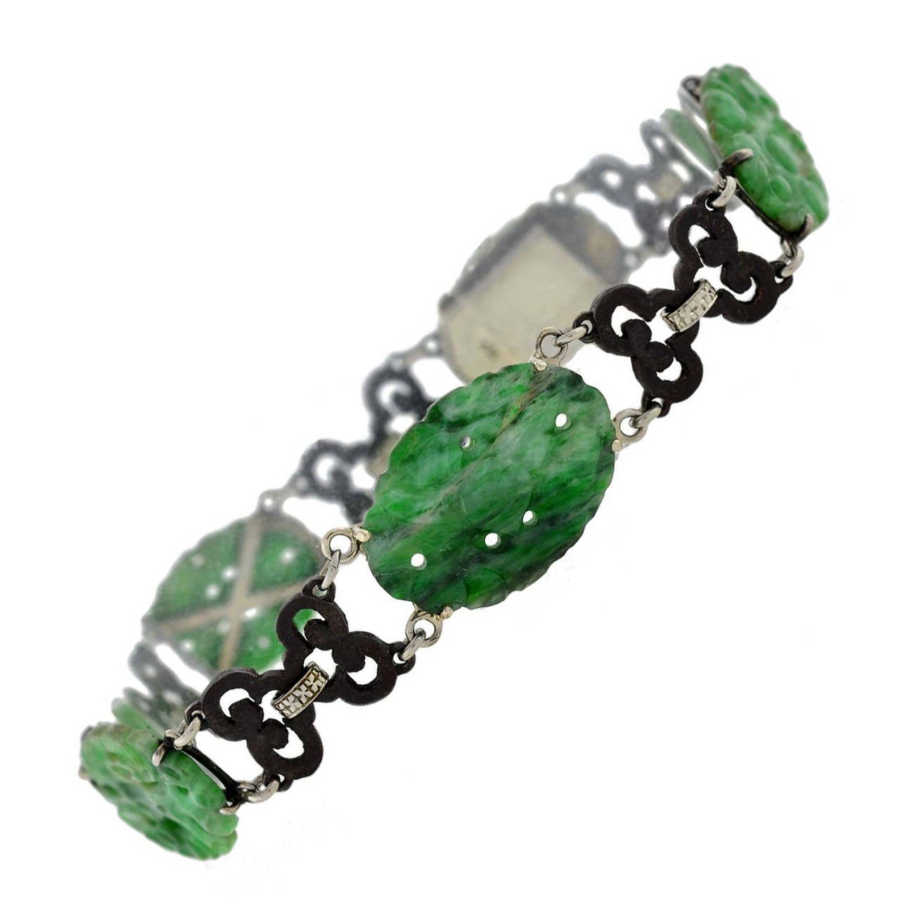 Marsh and Company Art Deco Carved Jadeite Steel Link Bracelet at 1stDibs