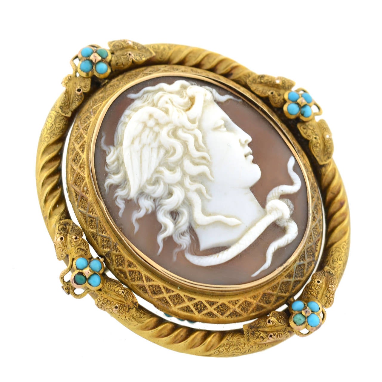 Victorian Carved Medusa Cameo Turquoise Gold Pin at 1stDibs