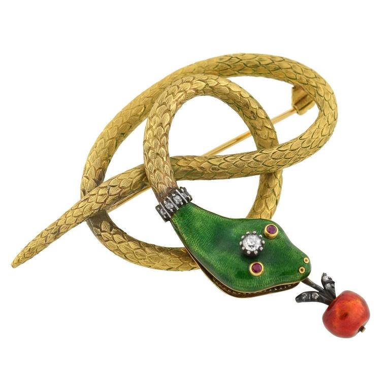 Victorian Revival Enamel Ruby Diamond Silver Gold Coiled Snake Pin at ...