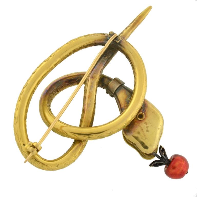 Victorian Revival Enamel Ruby Diamond Silver Gold Coiled Snake Pin at ...