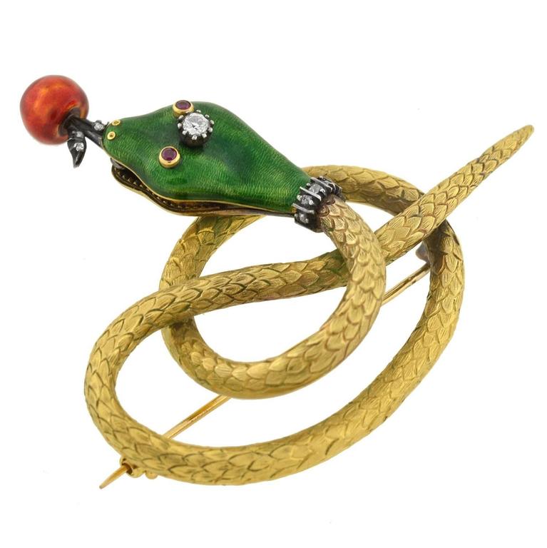 Victorian Revival Enamel Ruby Diamond Silver Gold Coiled Snake Pin at ...