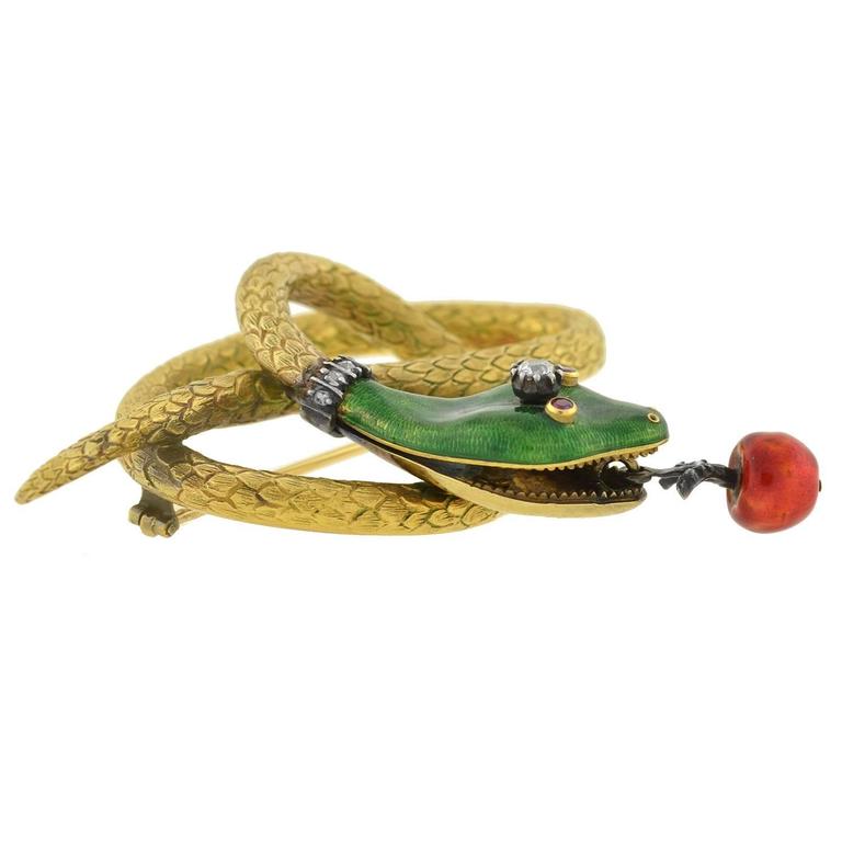 Victorian Revival Enamel Ruby Diamond Silver Gold Coiled Snake Pin at ...
