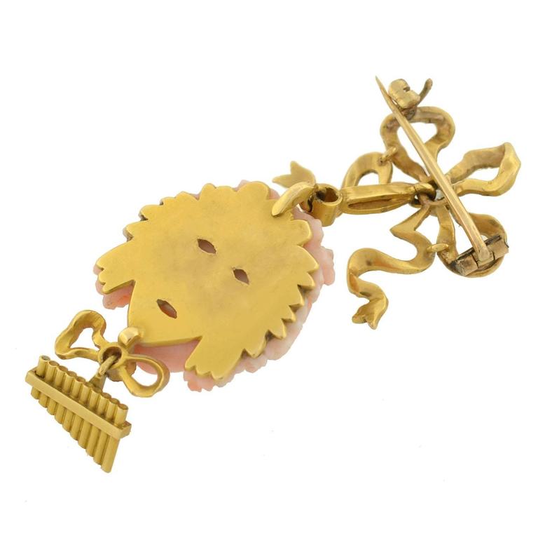 Victorian Hand Carved Angel Skin Coral Ruby Diamond Gold Brooch at 1stDibs