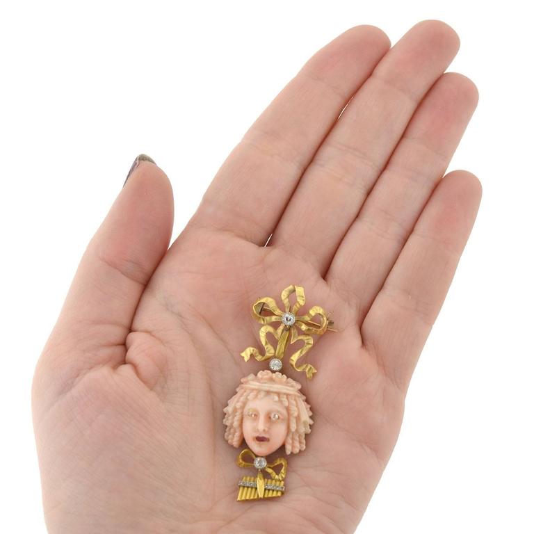Victorian Hand Carved Angel Skin Coral Ruby Diamond Gold Brooch at 1stDibs