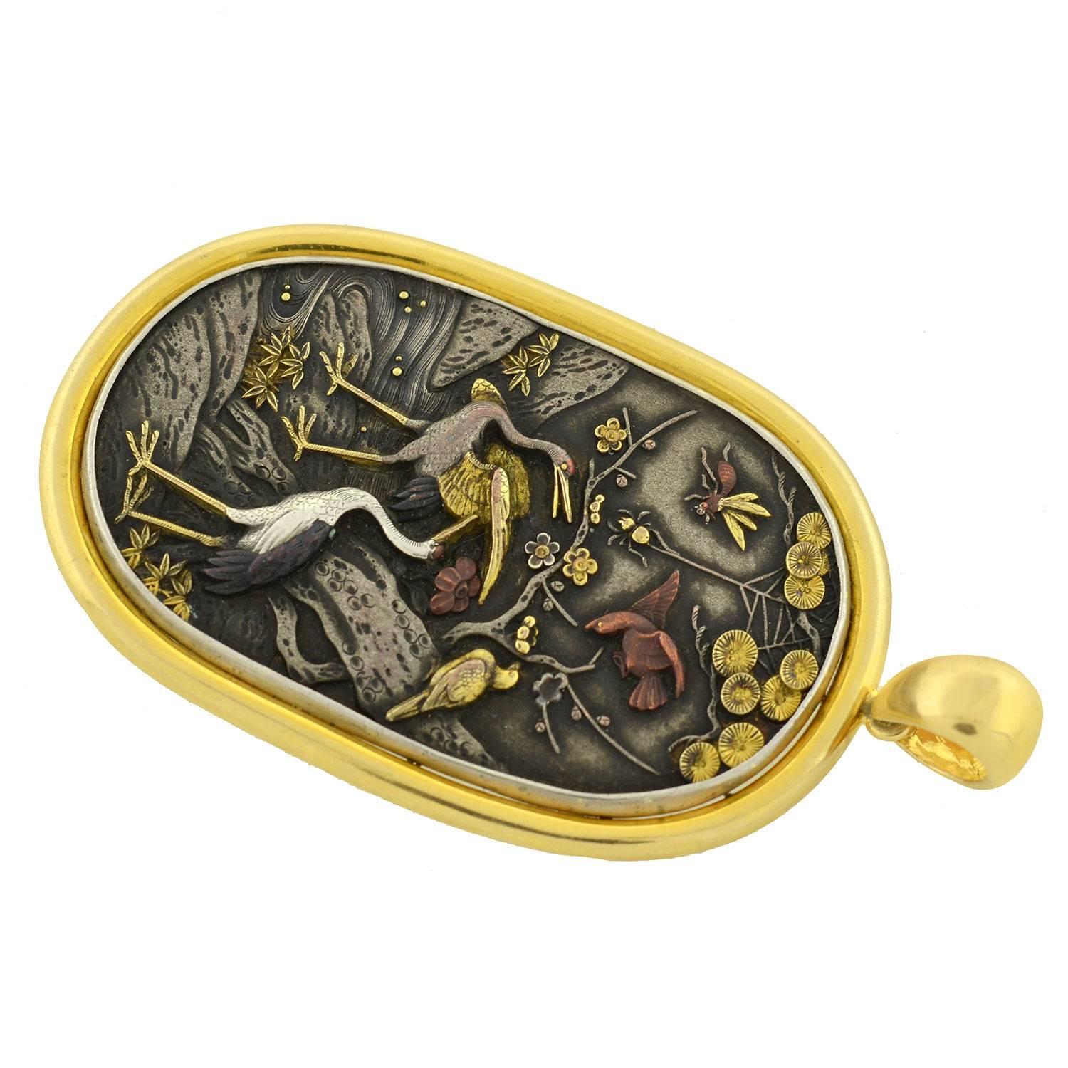 Victorian Mixed Metals Shakudo Pendant with Bird Motif For Sale at 1stdibs
