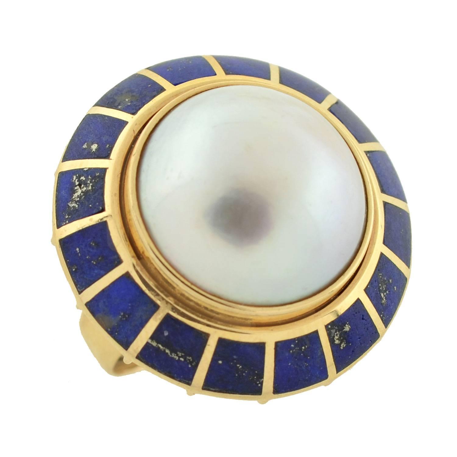 Erte Lapis Mabe Pearl Gold "Soleil Noir" Domed Ring at 1stdibs