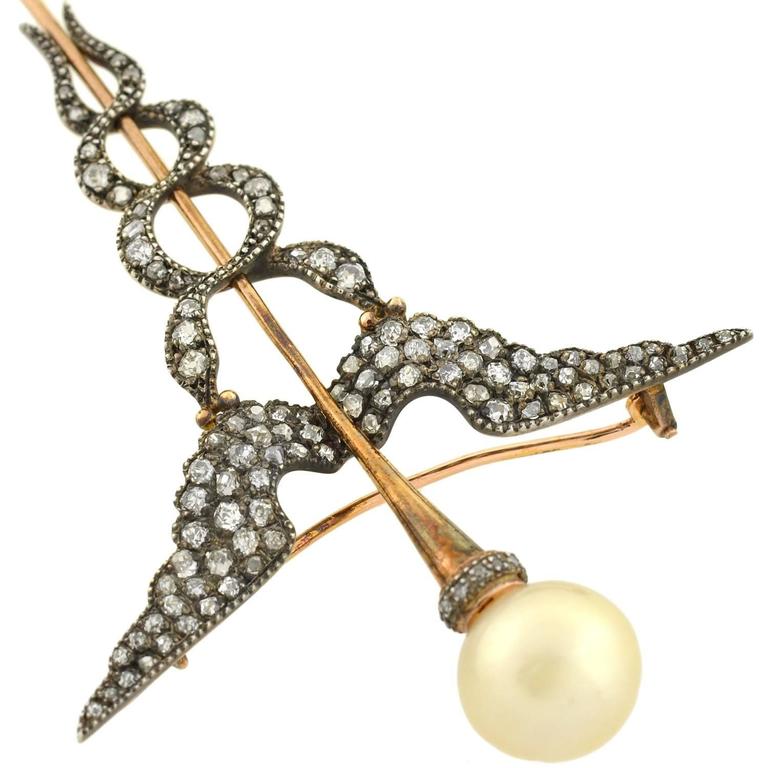Victorian Pearl Rose Cut Diamond Silver Gold Caduceus Pin at 1stDibs