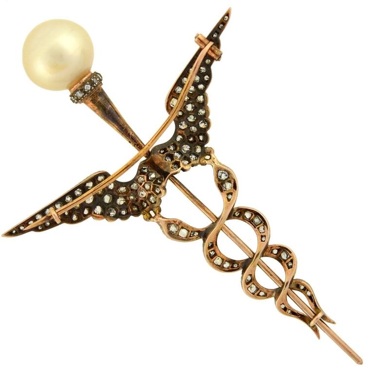 Victorian Pearl Rose Cut Diamond Silver Gold Caduceus Pin at 1stDibs
