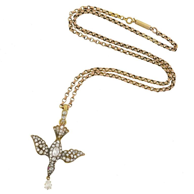 Victorian Ruby Rose Cut Diamond Gold "Saint Esprit" Dove Necklace at ...