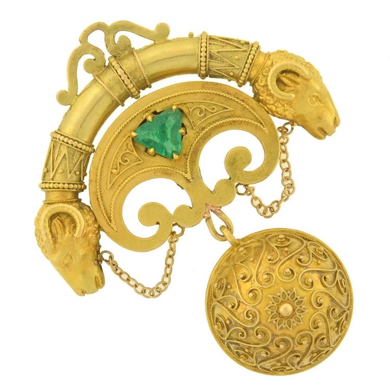 Victorian Emerald Gold Etruscan Ram's Head Pendant at 1stDibs | gold ...