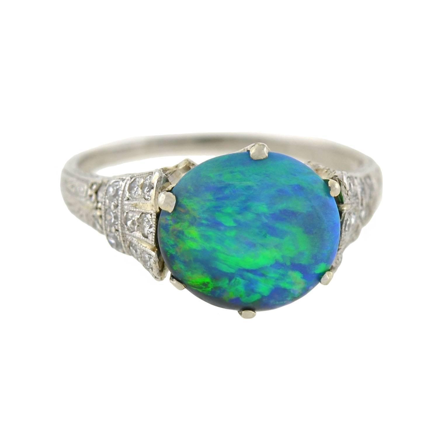 Art Deco Black Opal Diamond Platinum Ring at 1stdibs