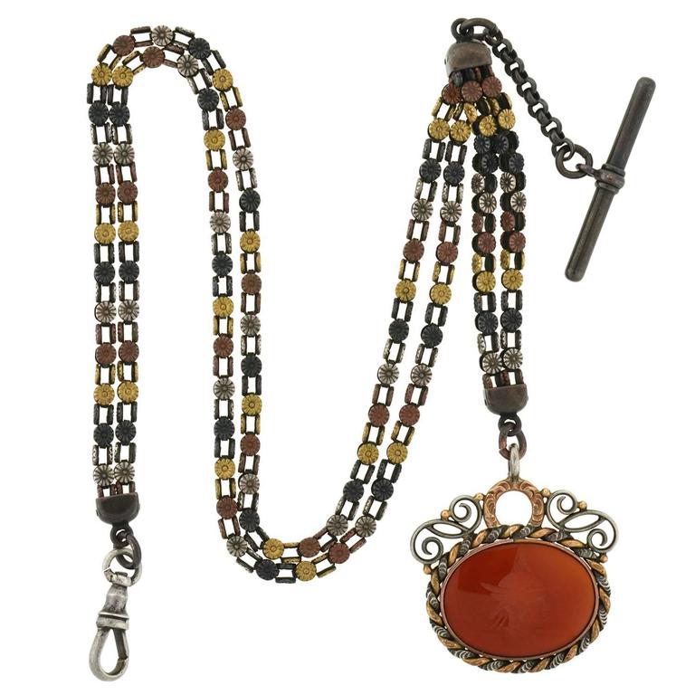 Victorian Shakudo Mixed Metals Watch Chain with Carnelian Fob at 1stDibs