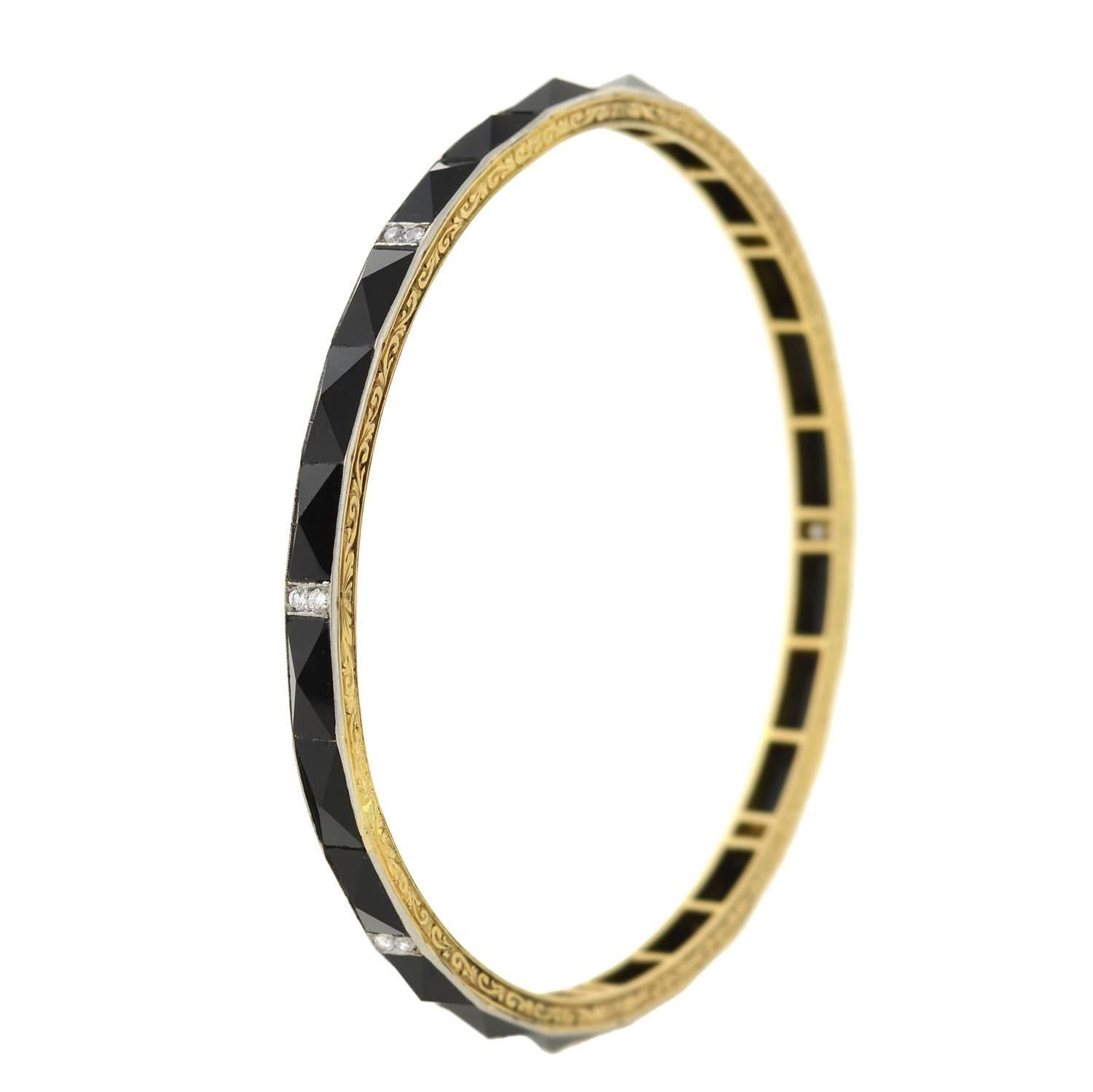 Art Deco Faceted Onyx Diamond Gold Platinum Bangle Bracelet at 1stDibs ...