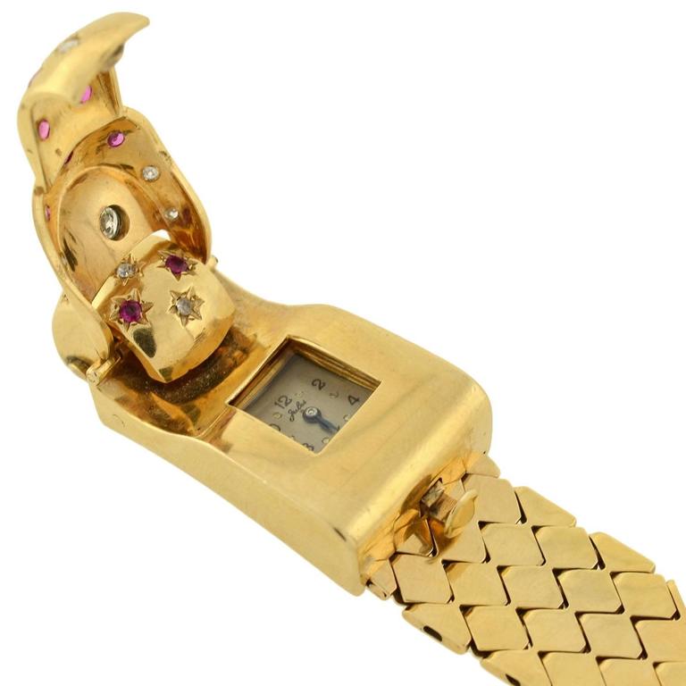 Retro Yellow Gold Diamond Ruby Buckle Bracelet Wristwatch at 1stDibs