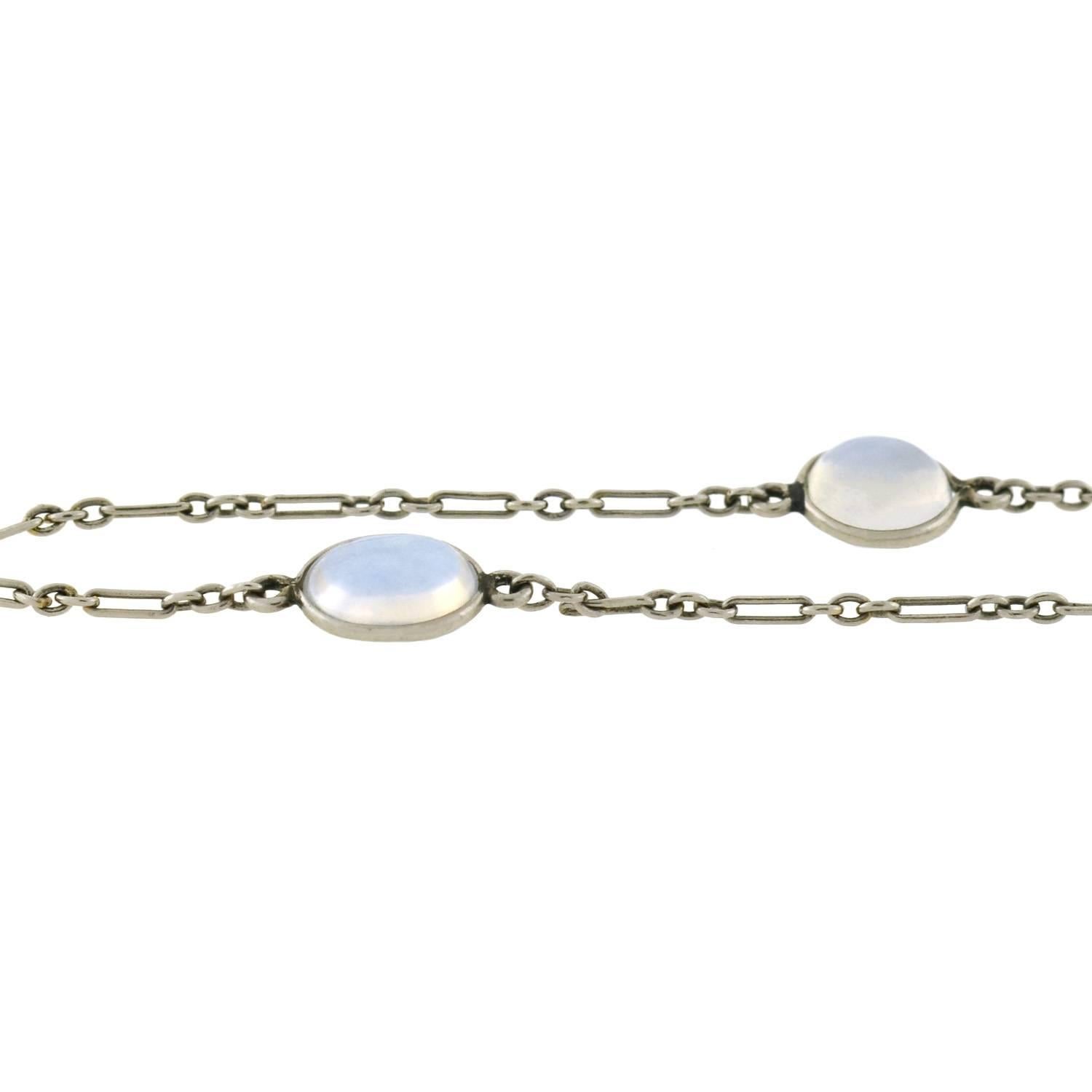 Edwardian Moonstone Platinum Link Chain Necklace at 1stDibs
