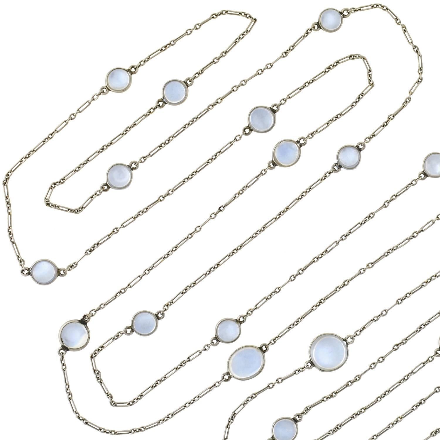 Edwardian Moonstone Platinum Link Chain Necklace at 1stDibs