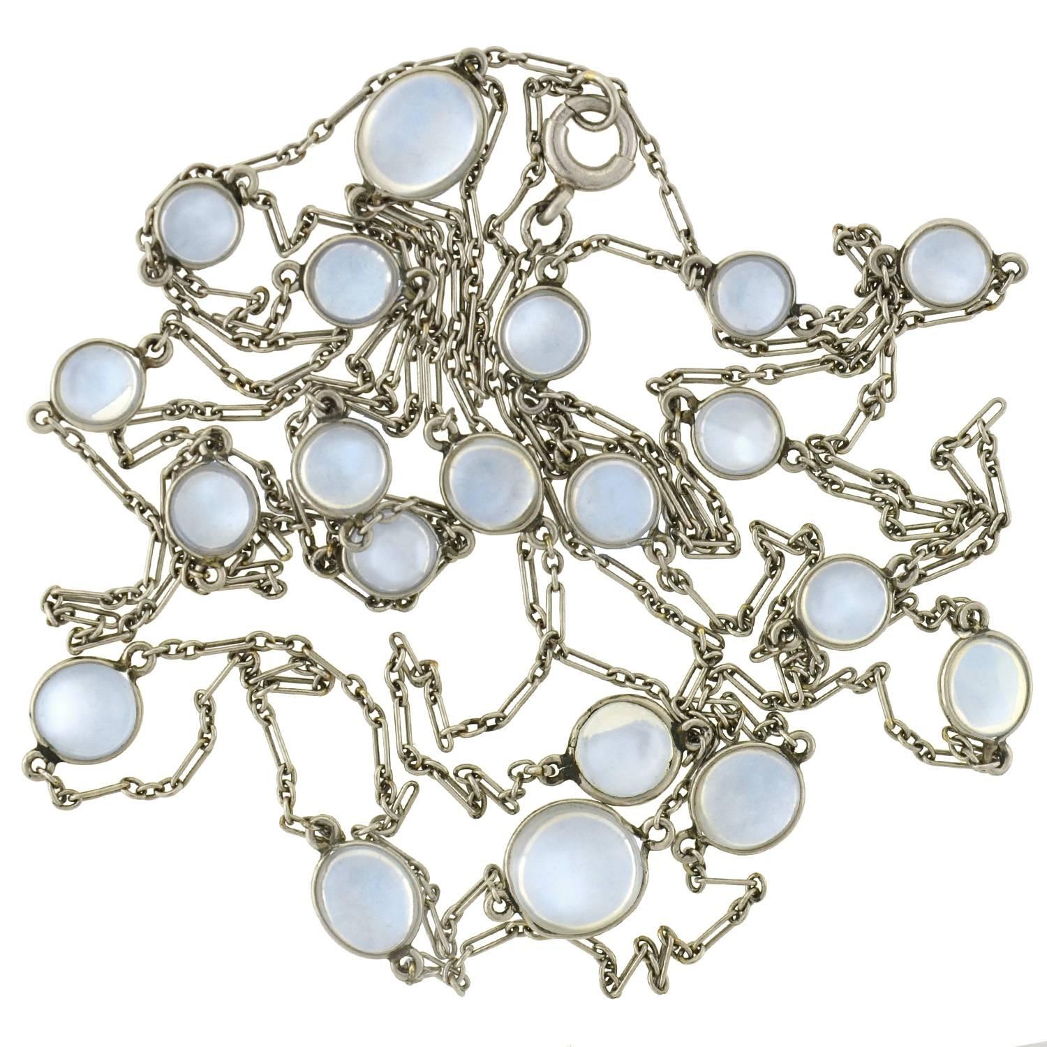 Edwardian Moonstone Platinum Link Chain Necklace at 1stDibs