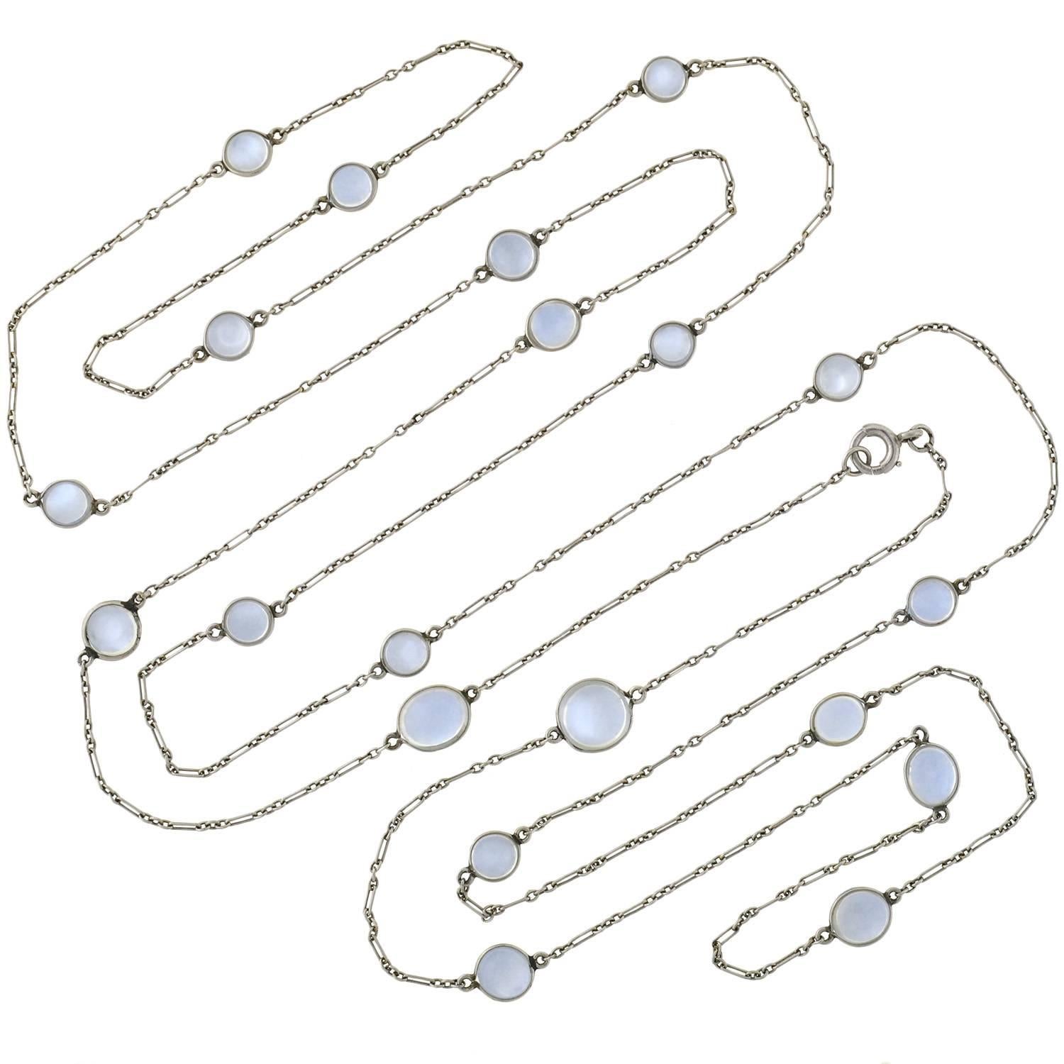 Edwardian Moonstone Platinum Link Chain Necklace at 1stDibs