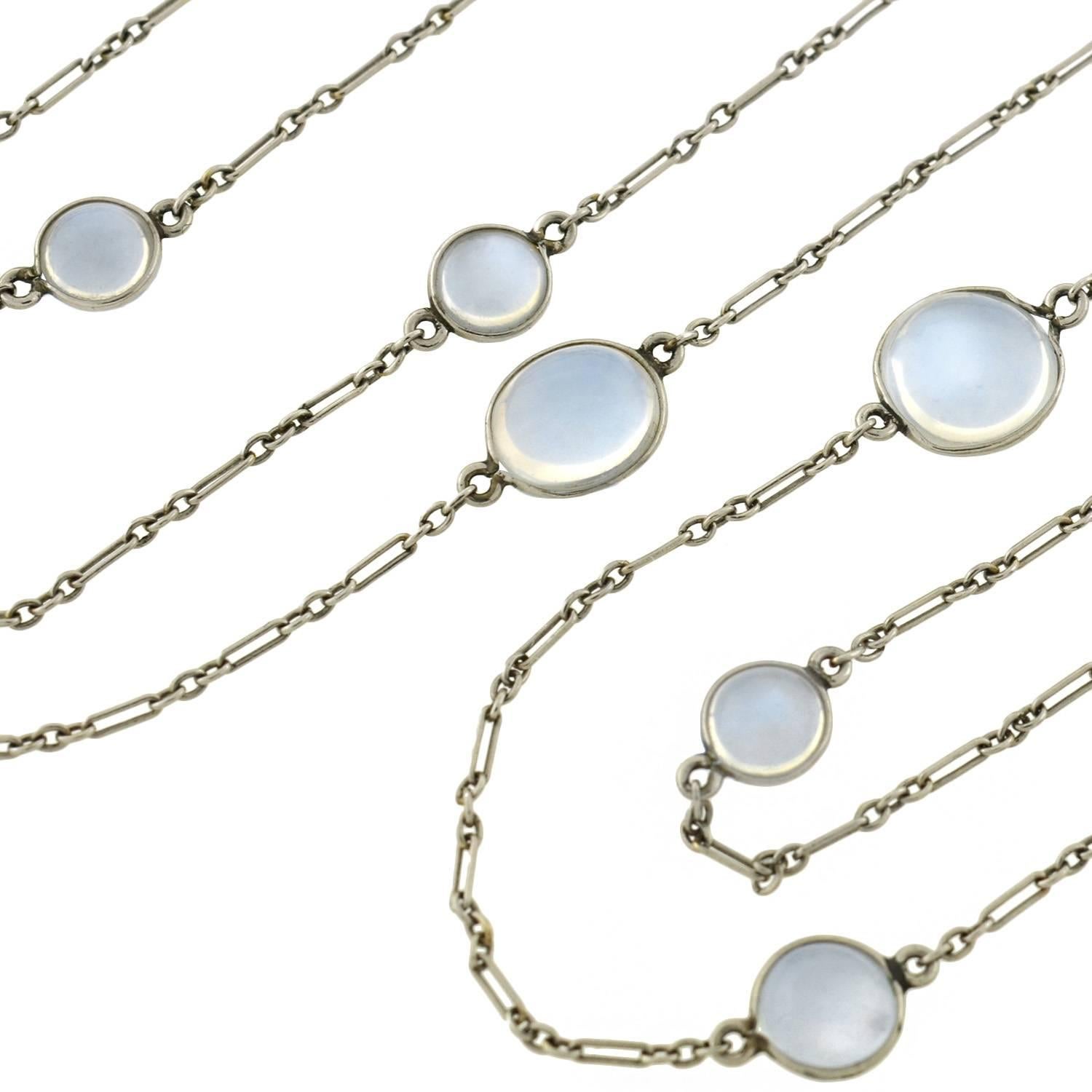 Edwardian Moonstone Platinum Link Chain Necklace at 1stDibs