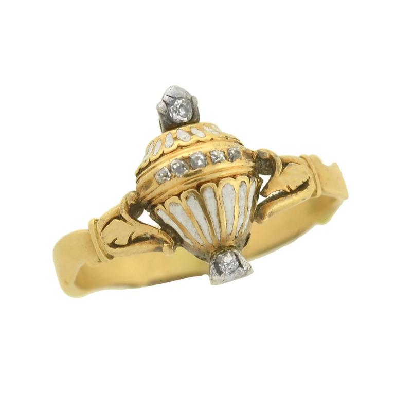 Georgian Enameled Diamond Urn Mourning Ring with Hidden Compartment at ...