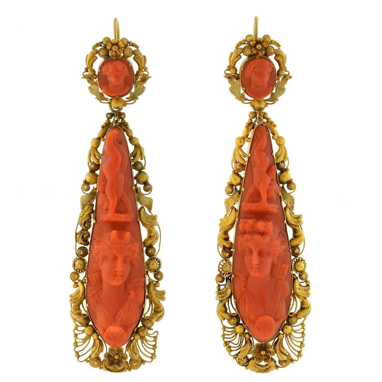 Victorian Dramatic Carved Coral Cannetille Wirework Day Night Earrings ...