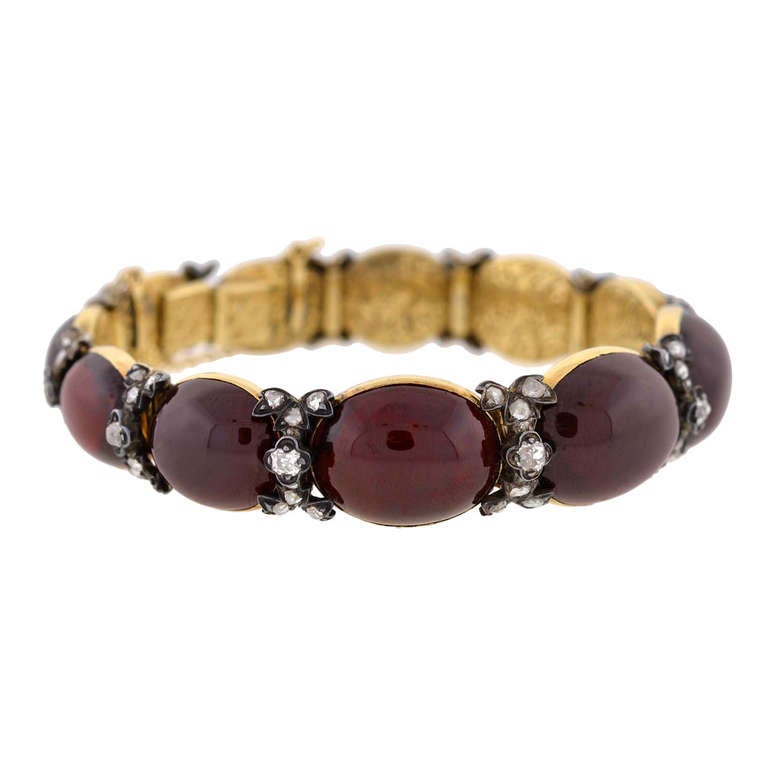 Victorian Garnet Cabochon and Rose Cut Diamond Bangle Bracelet at 1stDibs
