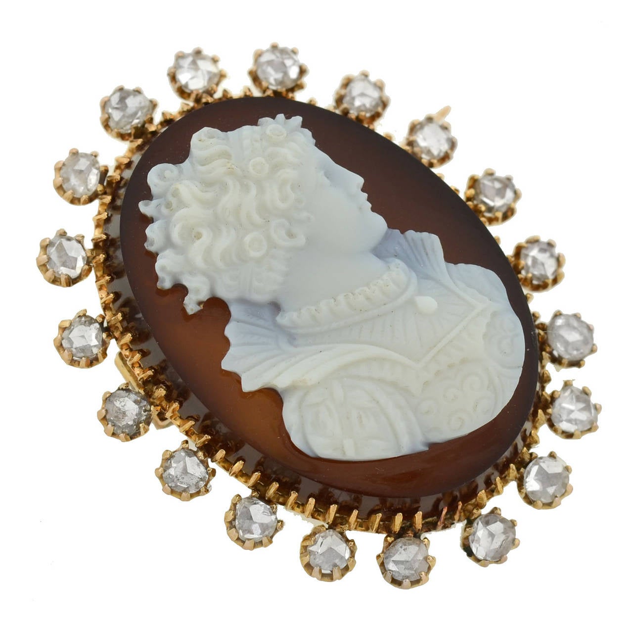 Victorian Hard Stone Cameo Diamond Gold Pin at 1stDibs