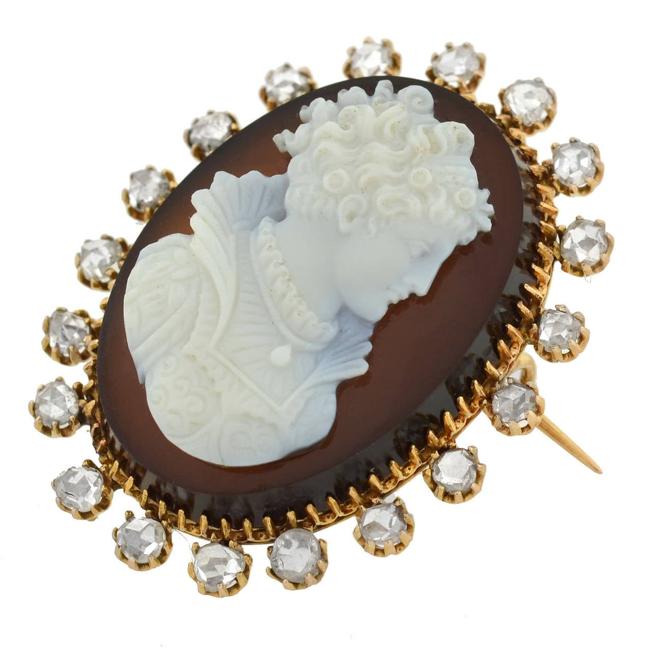 Victorian Hard Stone Cameo Diamond Gold Pin at 1stDibs