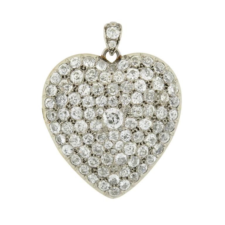 Edwardian Pave Diamond Platinum Heart Locket For Sale at 1stdibs