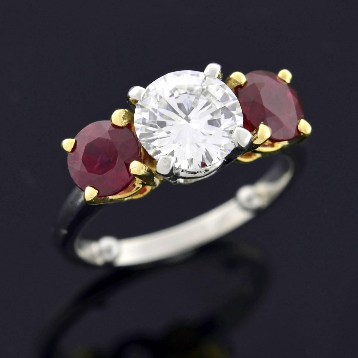 Contemporary Diamond Ruby 3-Stone Engagement Ring For Sale at 1stdibs