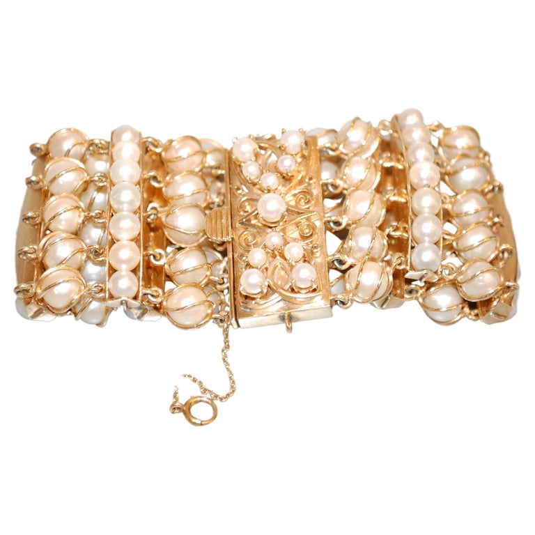 Vintage Heavy 14k Gold Bracelet with Natural Pearls For Sale at 1stDibs