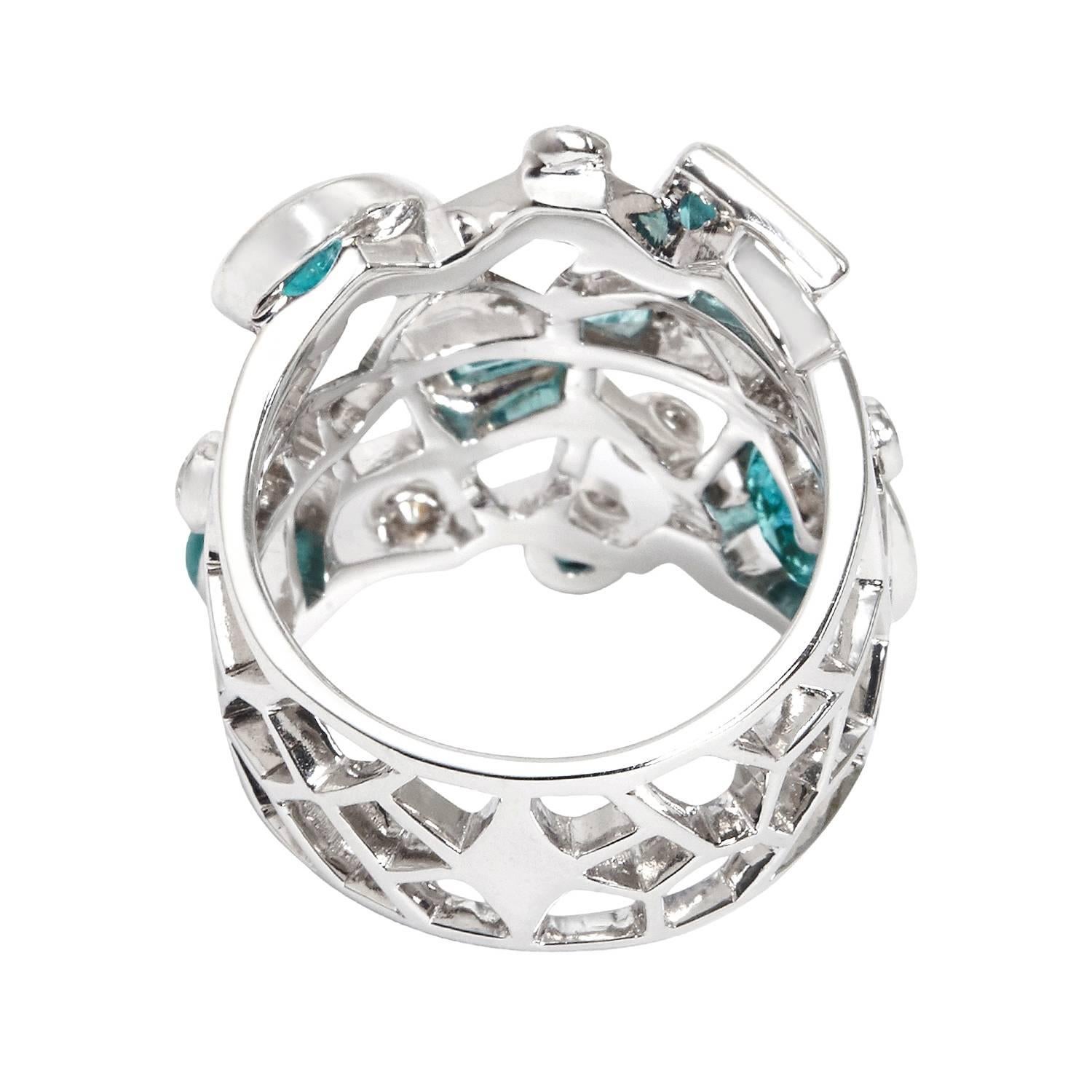 Paraiba Tourmaline Diamond Gold Cobweb Cocktail Ring For Sale at 1stDibs