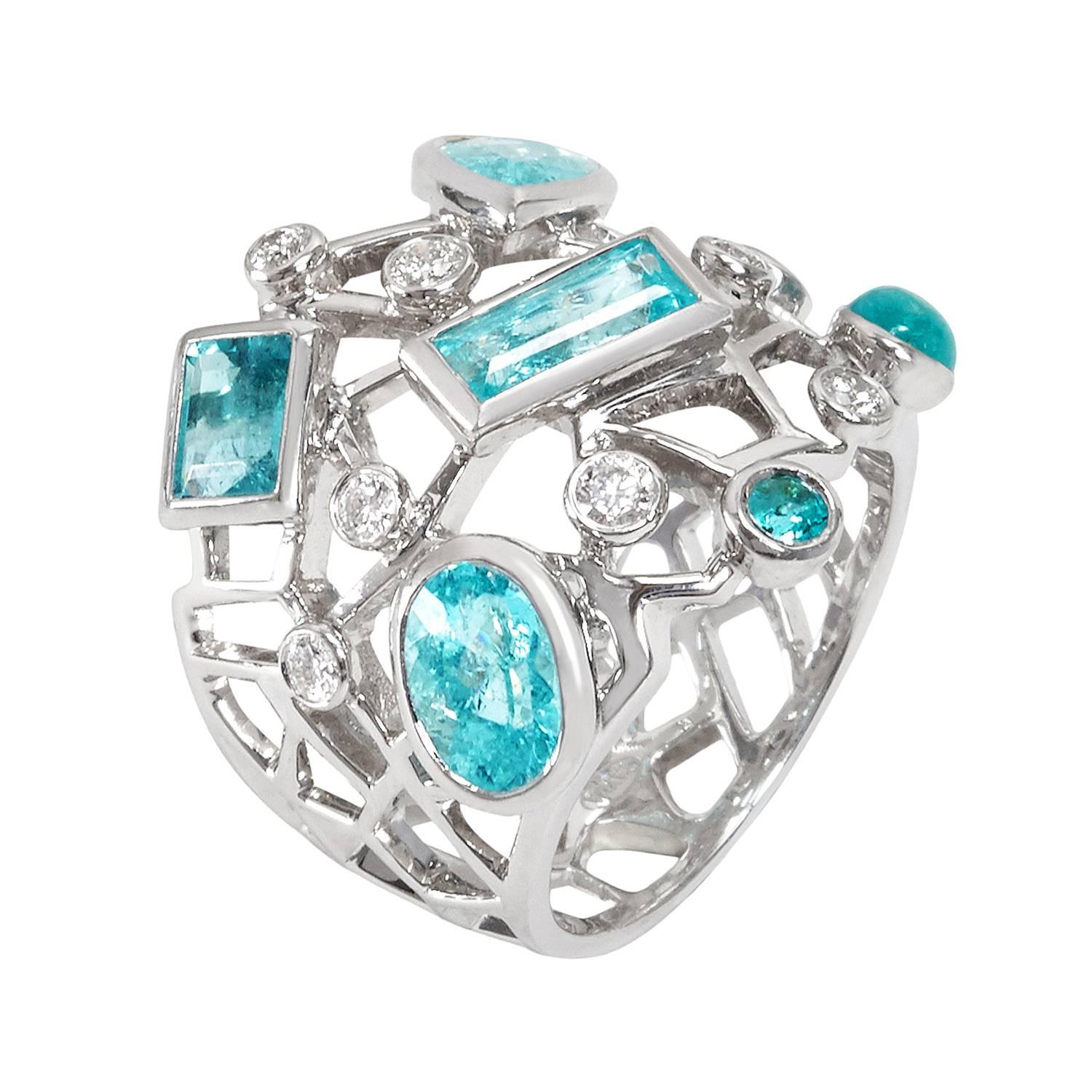 Paraiba Tourmaline Diamond Gold Cobweb Cocktail Ring For Sale at 1stDibs