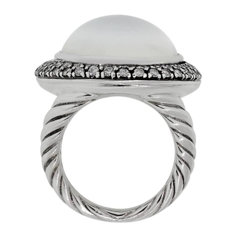David Yurman Moonstone Sterling Silver Double Row Diamond Ring at 1stDibs