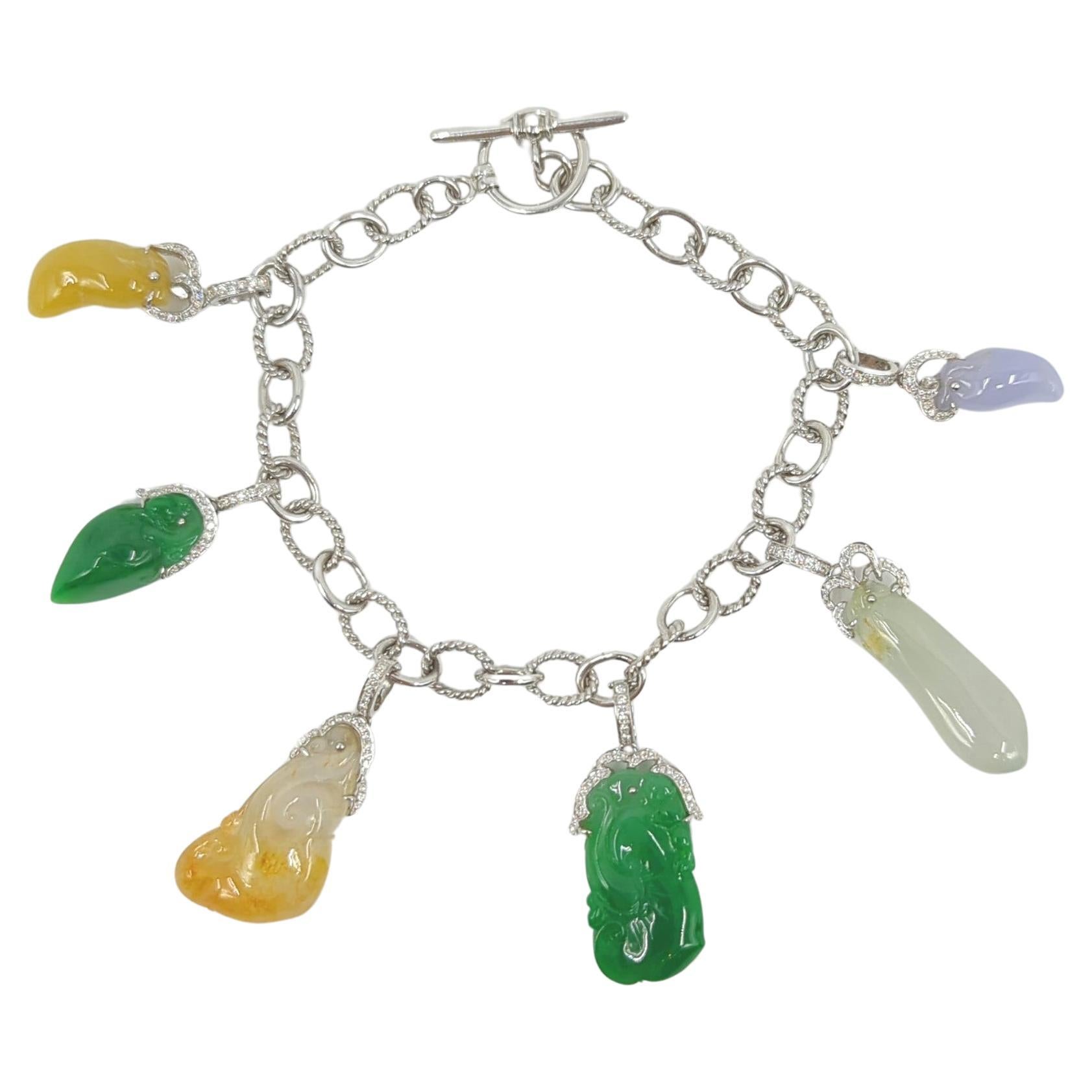 18k WG Multicolor Jadeite Diamond 6 Charms Bracelet G.I.A. Gemologist ...