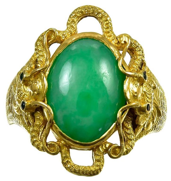 Antique Chinese Cabochon Jade Pure Gold Dragon Ring at 1stdibs