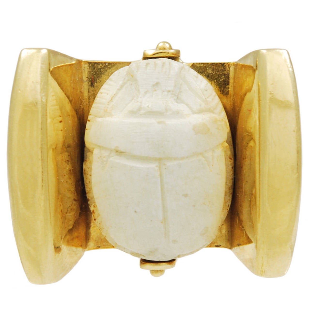 Carved White Steatite Scarab Gold Solitaire Ring For Sale at 1stDibs