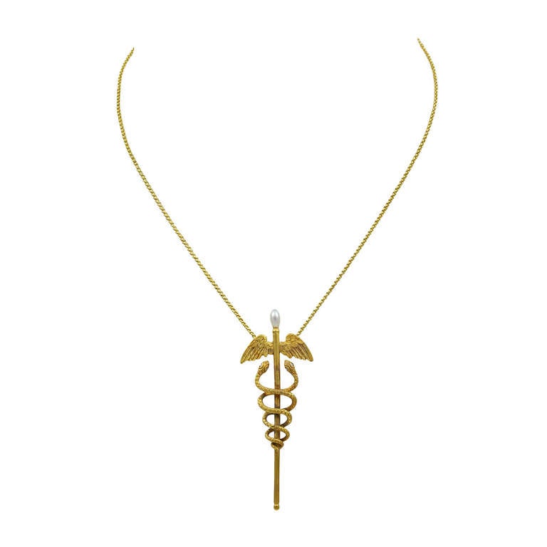 Antique Pearl Diamond Gold Caduceus Pendant at 1stDibs | caduceus ...