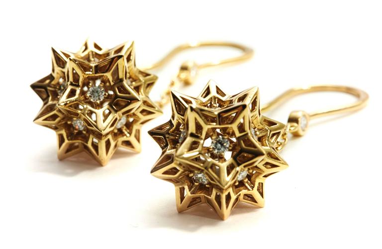 Helix Frame Diamond Dangle 18k Gold Earrings For Sale (Free Shipping ...