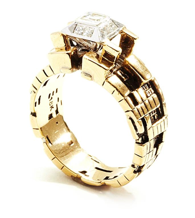 Bitcoin Blockchain Torus 18K Gold Ring with Center Baguette Diamond For ...