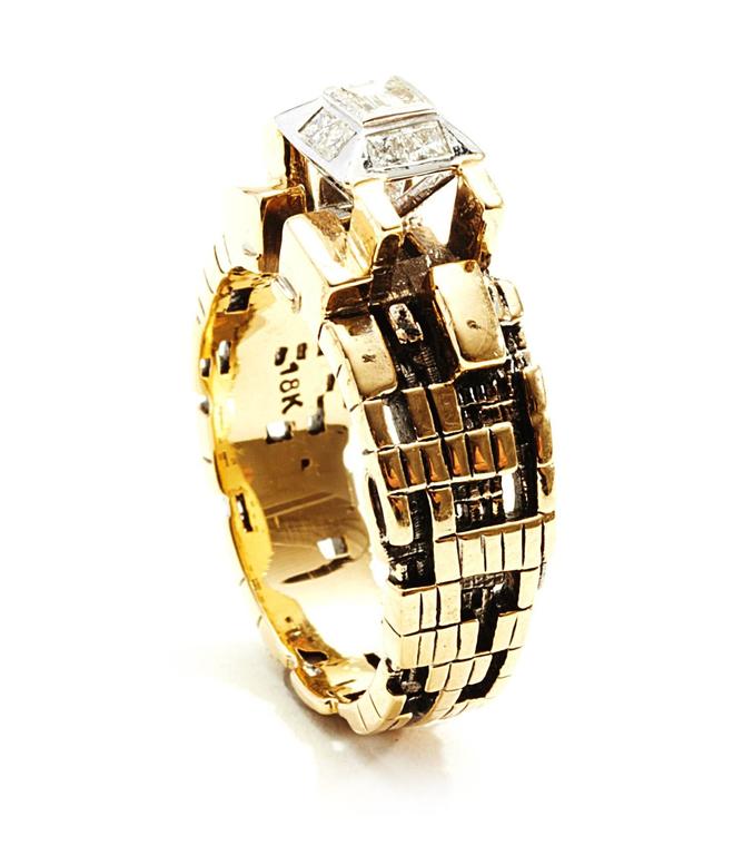 Bitcoin Blockchain Torus 18K Gold Ring with Center Baguette Diamond For ...