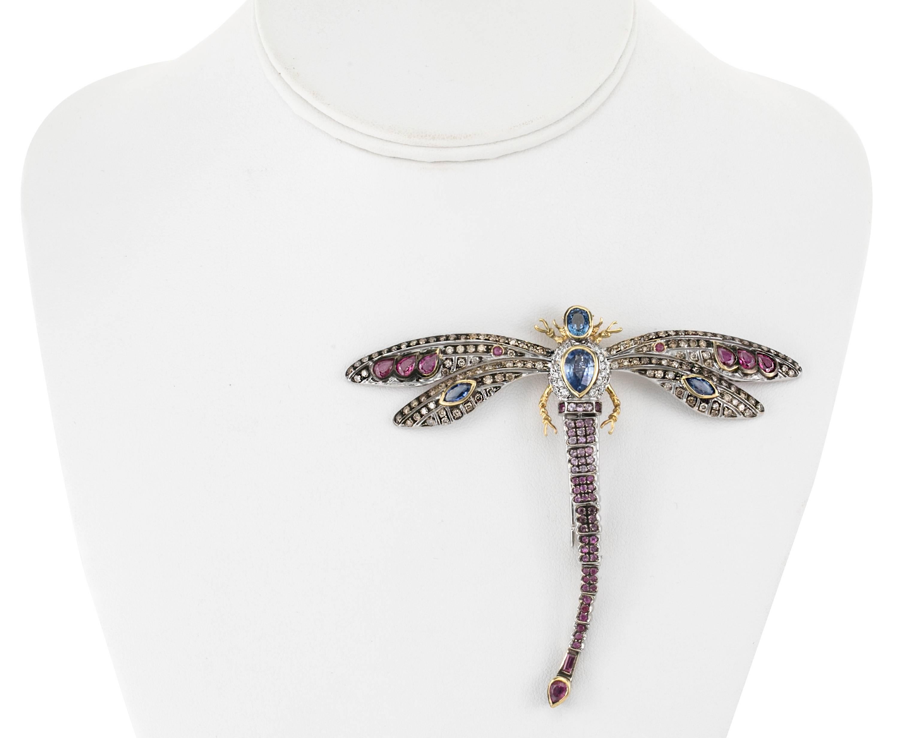 18 Karat Diamond Ruby Sapphire Dragonfly Brooch at 1stDibs