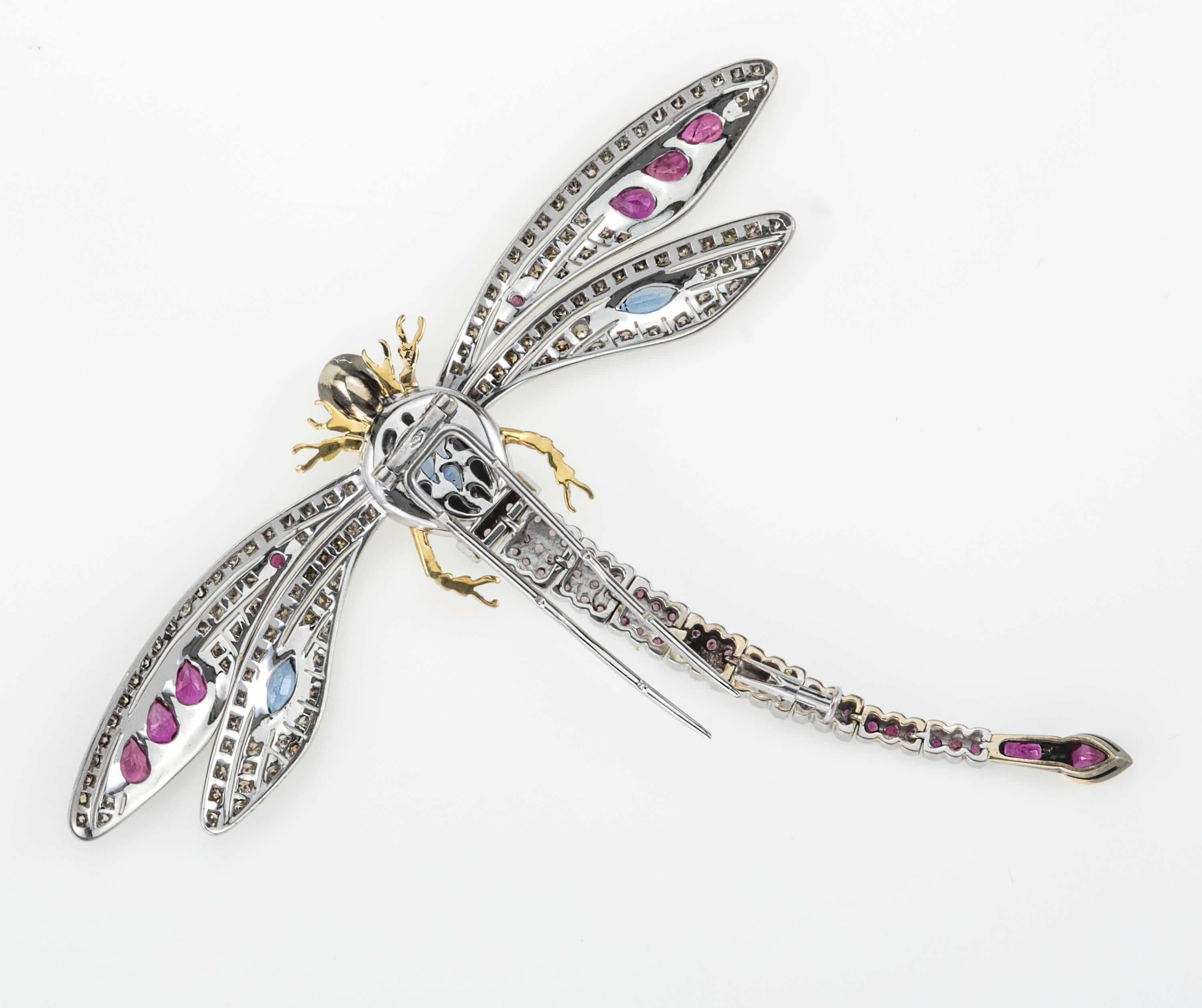 18 Karat Diamond Ruby Sapphire Dragonfly Brooch at 1stDibs
