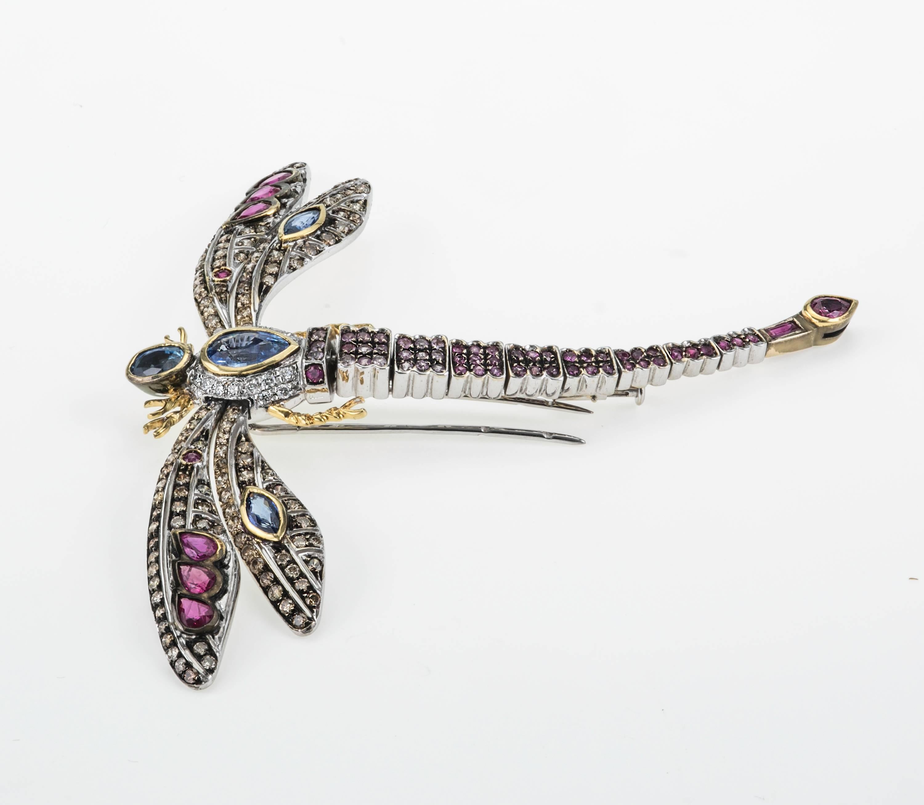 18 Karat Diamond Ruby Sapphire Dragonfly Brooch at 1stDibs