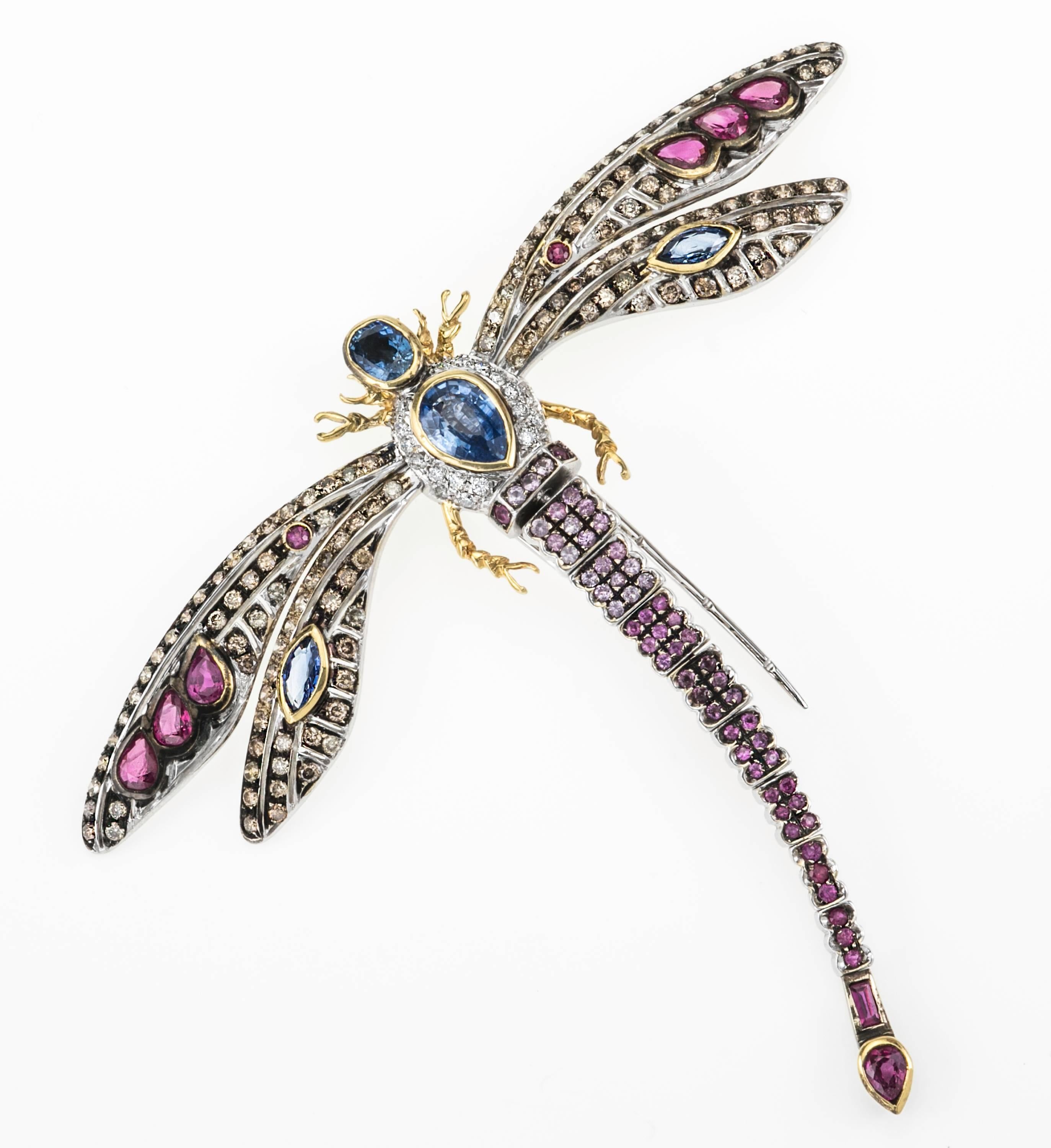 18 Karat Diamond Ruby Sapphire Dragonfly Brooch at 1stDibs