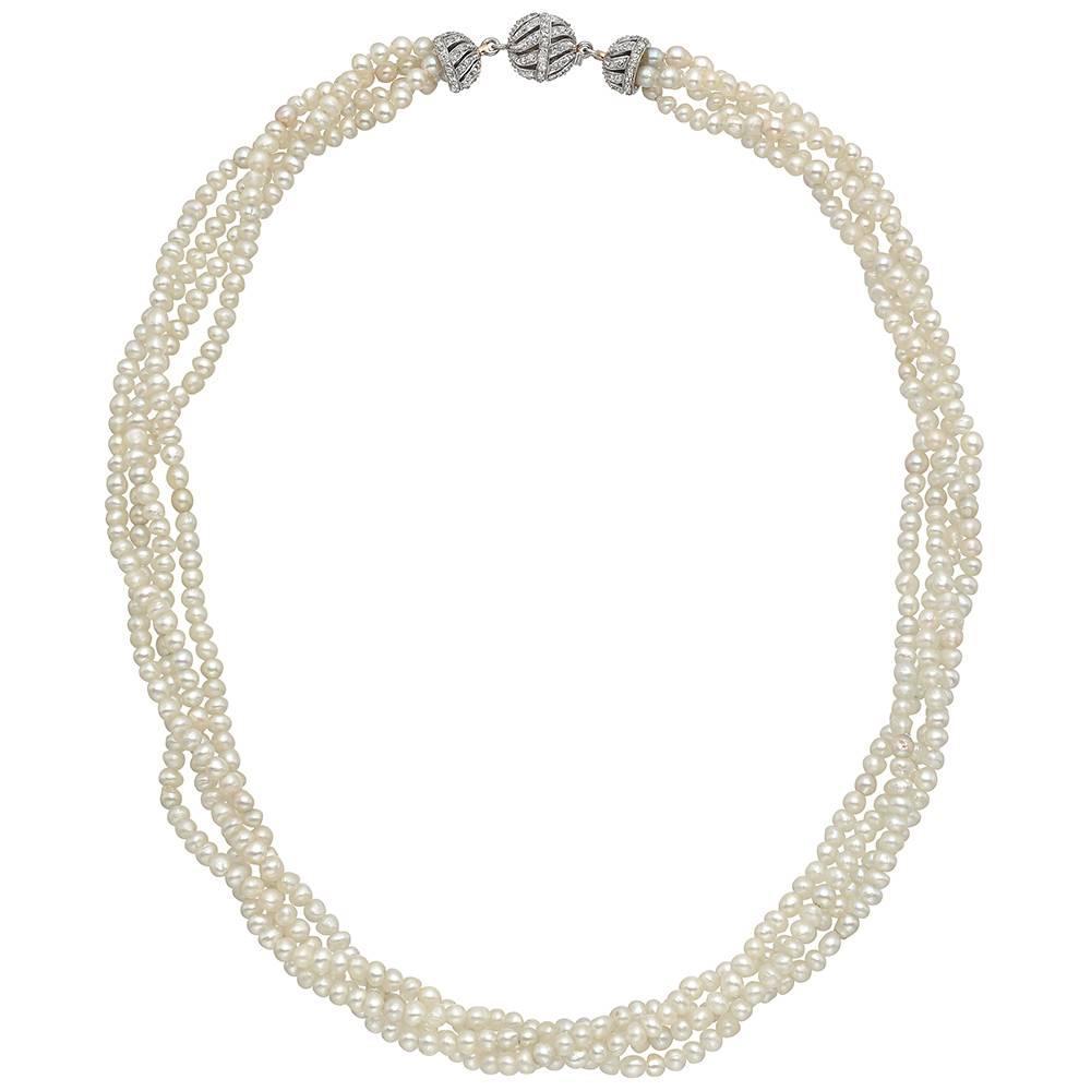 Antique 4-Strand Natural Seed Pearl Necklace For Sale at 1stdibs